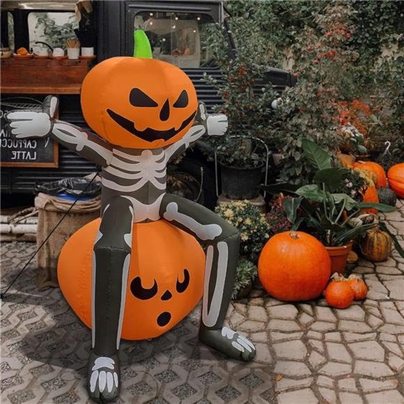 Holiday | Halloween Inflatable 5ft Skull Skeleton Pumpkin Head With ...